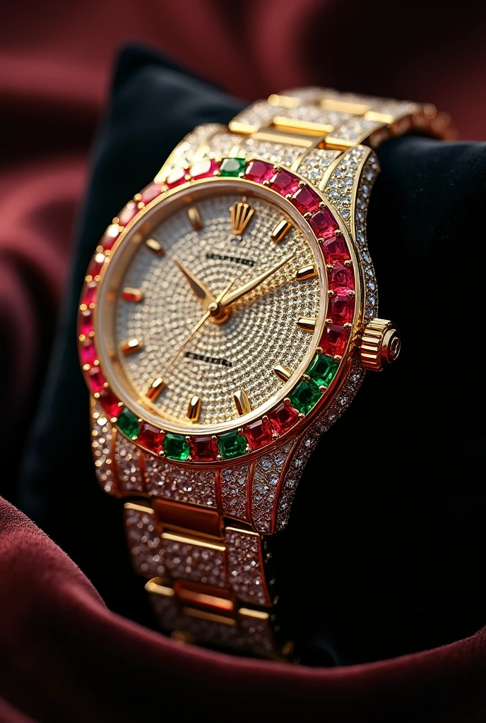 Gold watch with diamonds, encrusted rubies and emeralds - SeaArt AI
