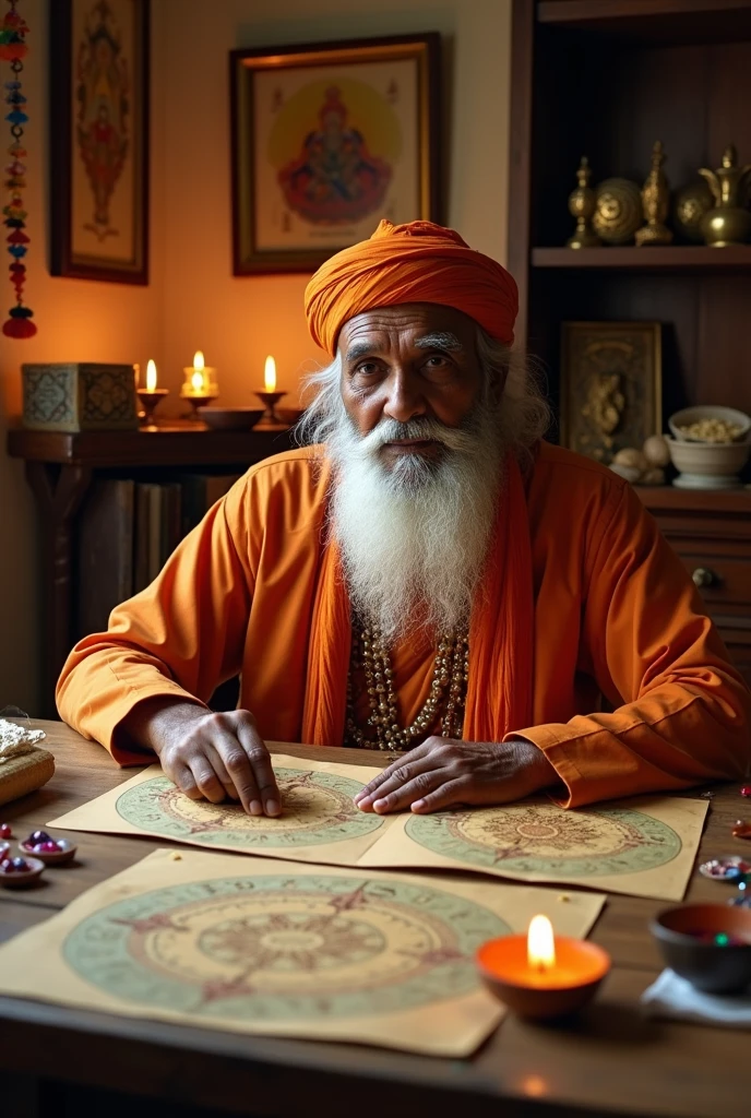 A wise, elderly Pandit Ji dressed in traditional Indian attire sits at ...