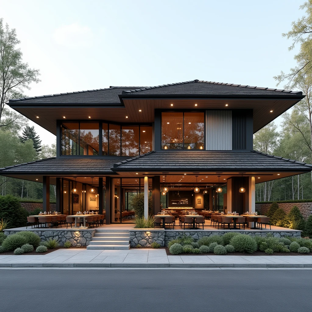 Design a wide L-shaped, 2-story modern restaurant with a traditional ...