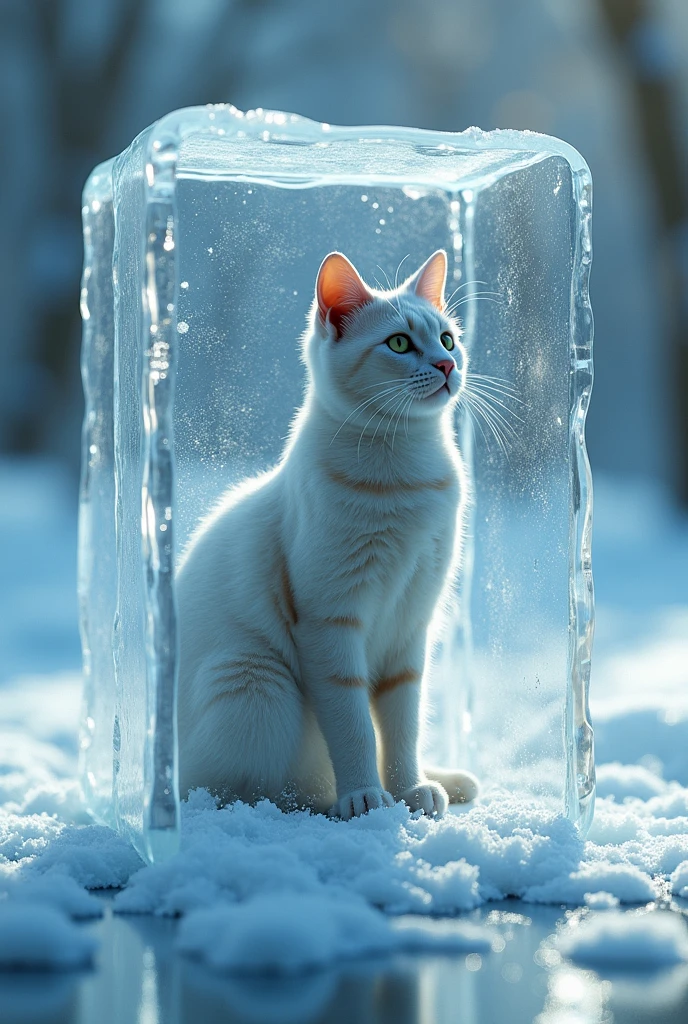 A CAT FROZEN INSIDE AN ICE - SeaArt AI