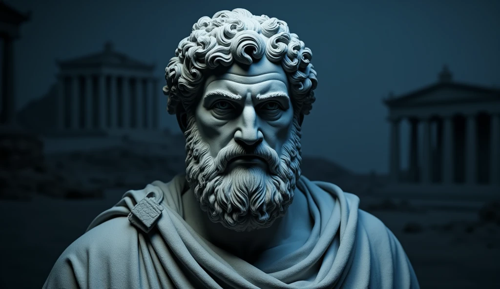 Create a striking image of a statue of a classical Greek philosopher ...