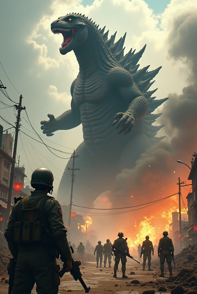 Indian army defeating godzilla - SeaArt AI