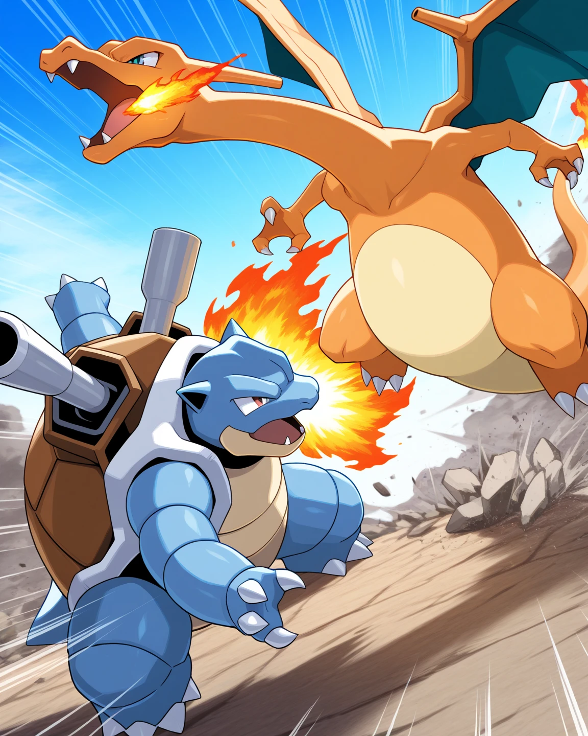 Masterpiece, best quality, 1 Charizard, 1 Blastoise, battle - SeaArt AI