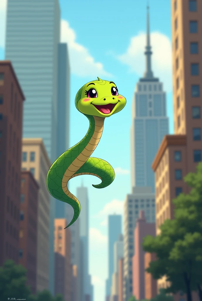 Create an image see a small green-skinned snake falling from a building ...