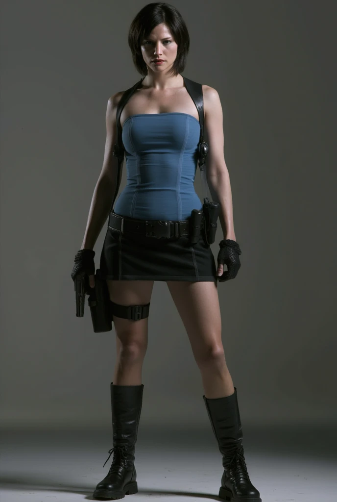 Sienna Guillory as Jill Valentine, black boots, black hair, skirt ...