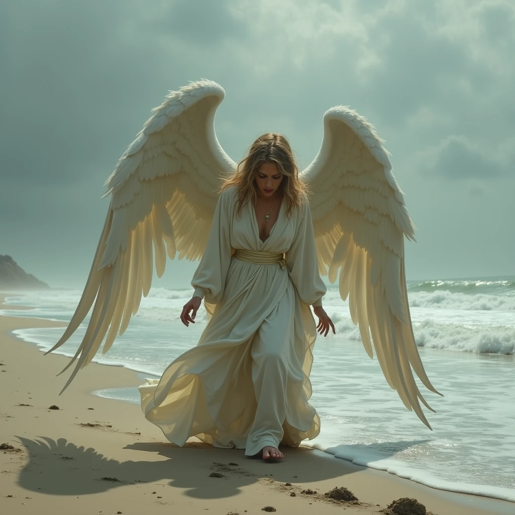 The angel who lost his sling starts searching by the beach - SeaArt AI