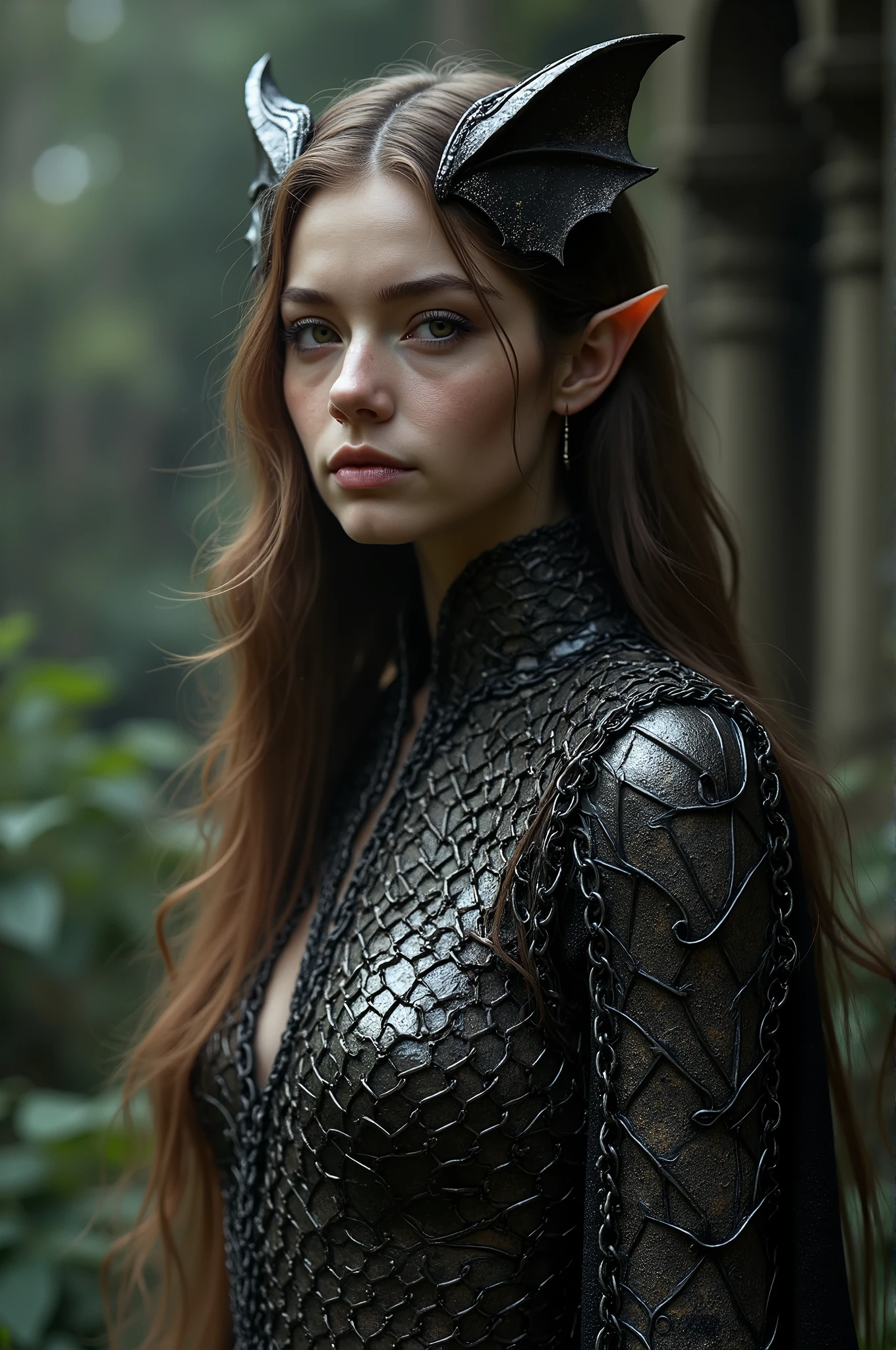 Arafed woman in a black costume with horns and a dragon headpiece ...
