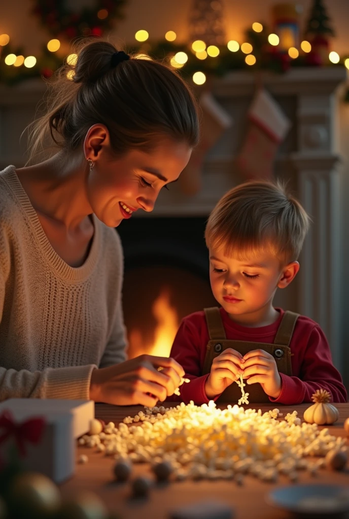 A suspenseful Christmas night scene inside a small, cozy, yet humble ...