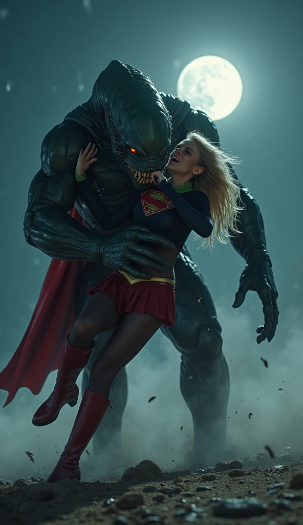 Supergirl is fighting with a big alien monster, very bright white skin ...