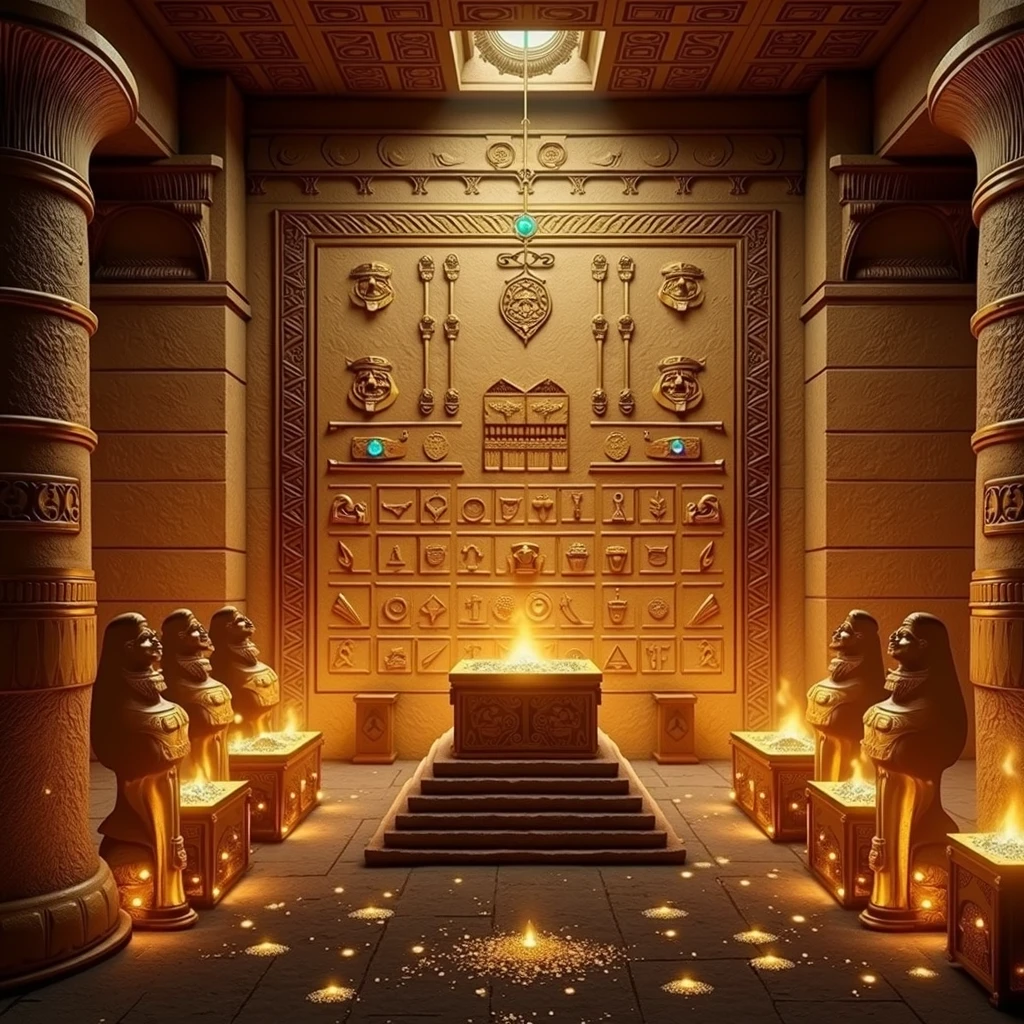 Inside the vast treasure chamber of the pyramid, high stone benches are ...