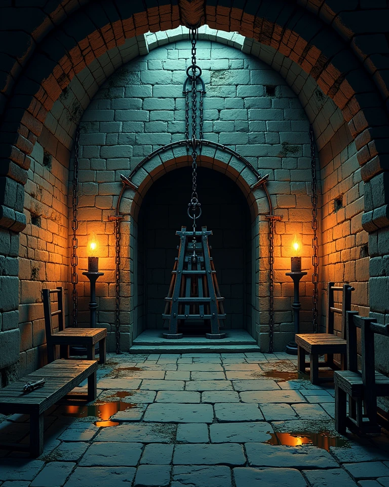 Comic style. A dark, medieval dungeon with a chilling atmosphere ...