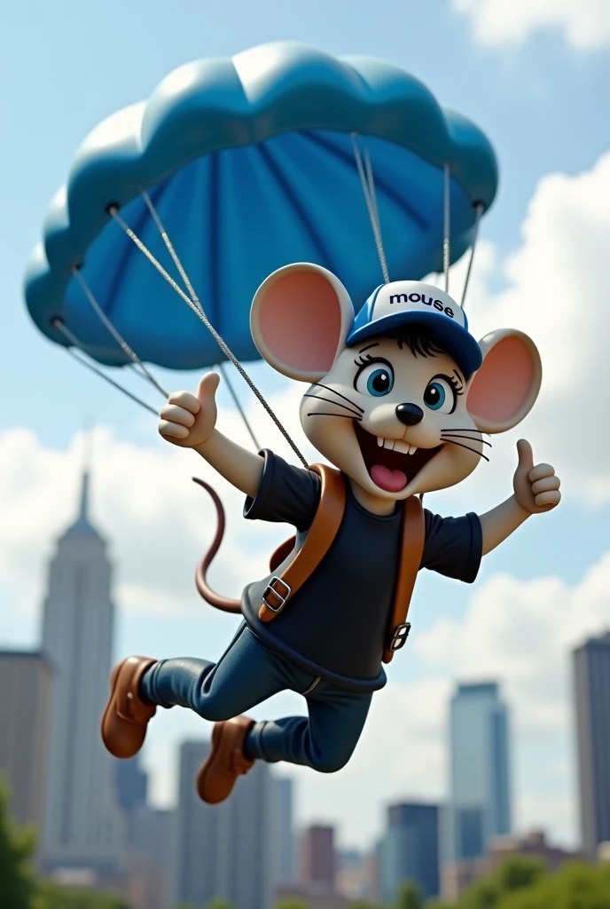 Sculpting of mouse flying in air with open large blue parachute on its ...