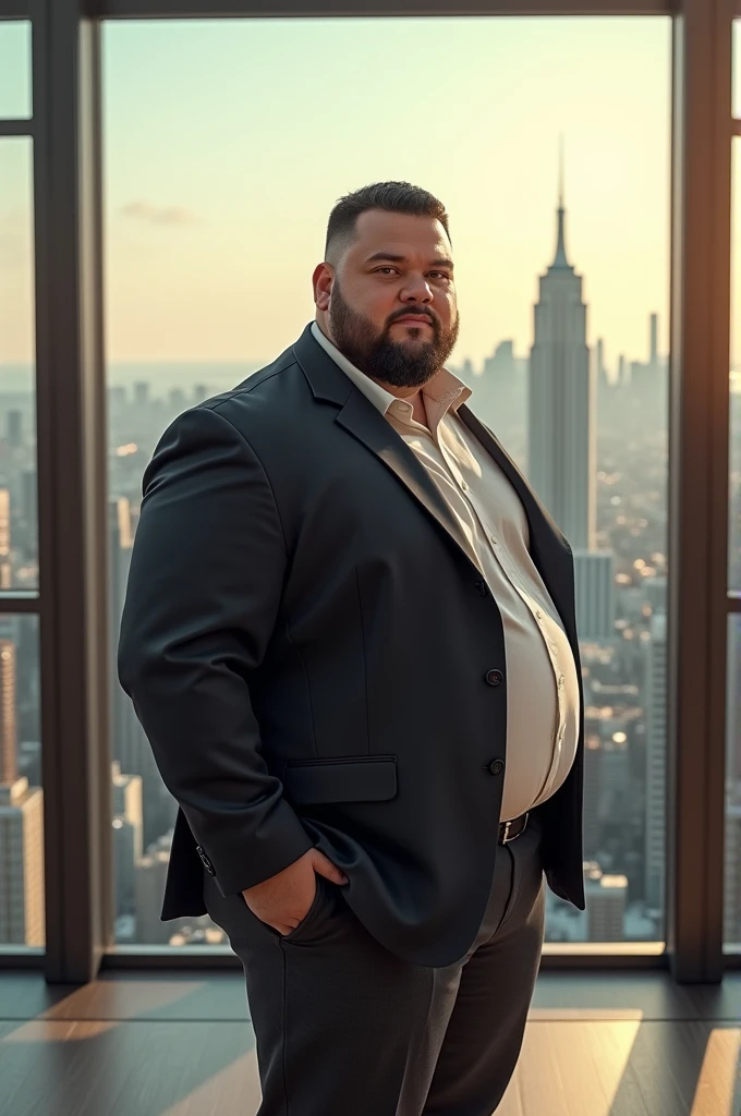 Photorealistic plus size good looking man in a buliding with a view ...