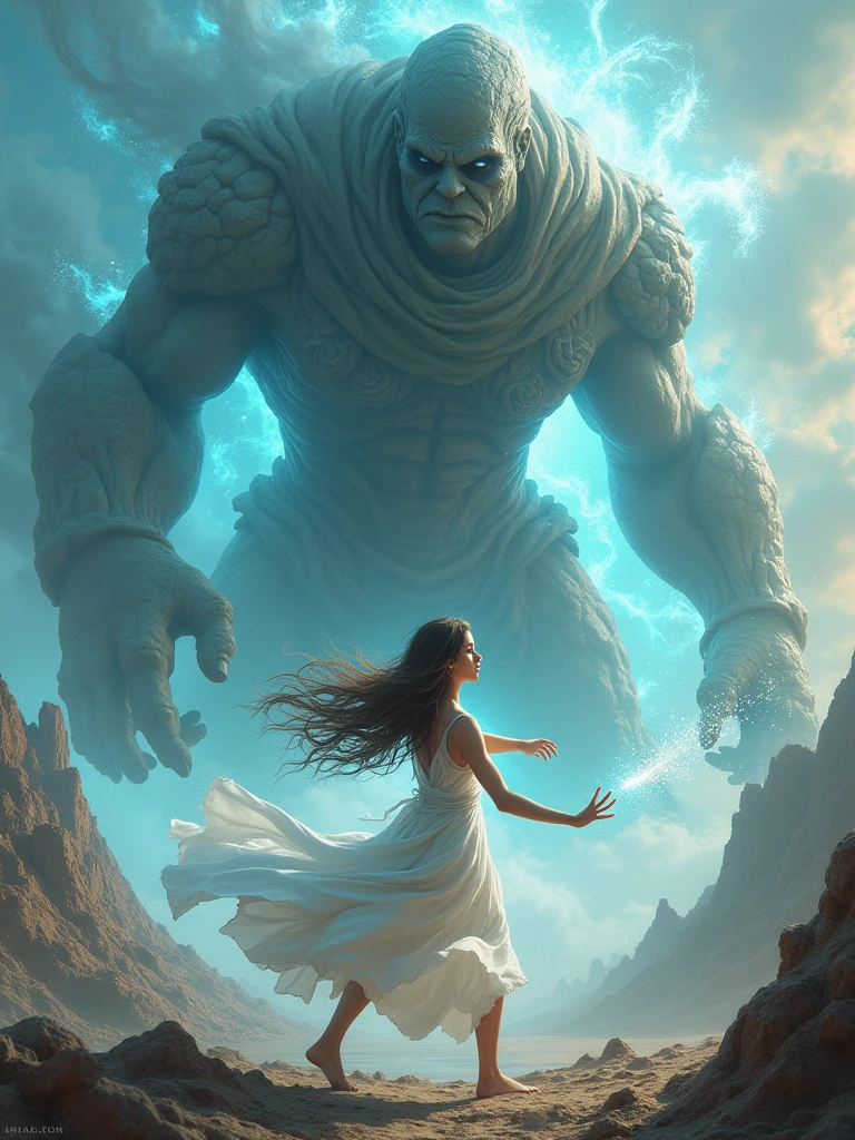 Very beautiful girl fighting a stone golem with strong winds magic ...