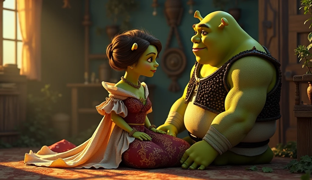 Fiona in her ogress sitting sideways on the floor dressed in a dress ...