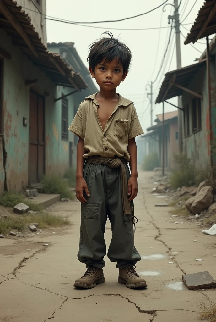 A poor boy, skinny clothes, poor area, middle class feelings - SeaArt AI