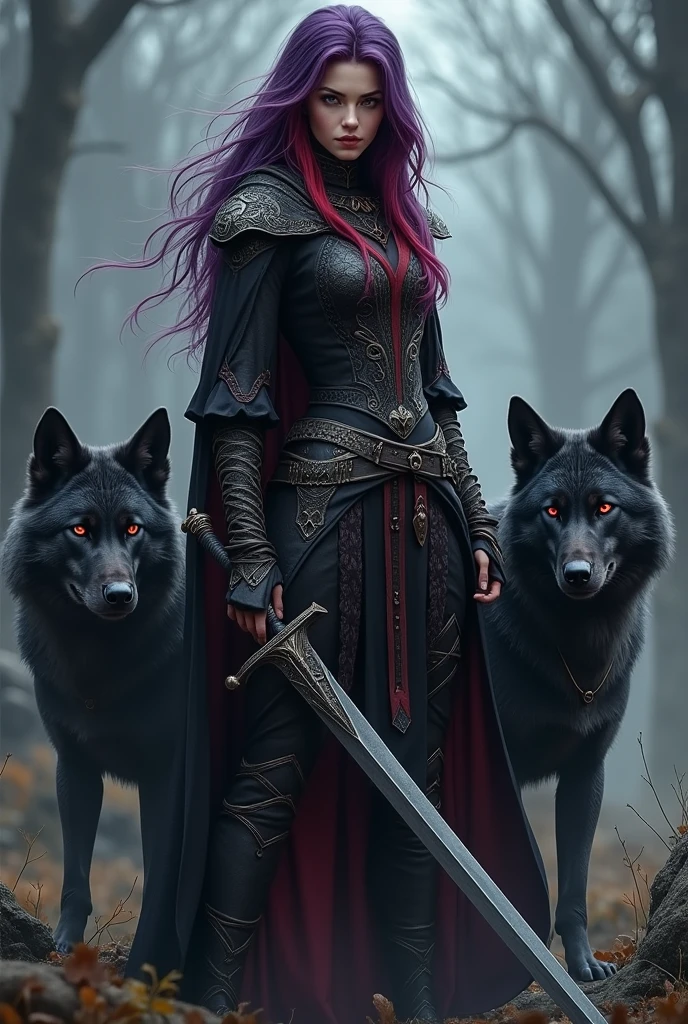 Dark fantasy art, dark elf girl, 20 years old, she has two wolves ...