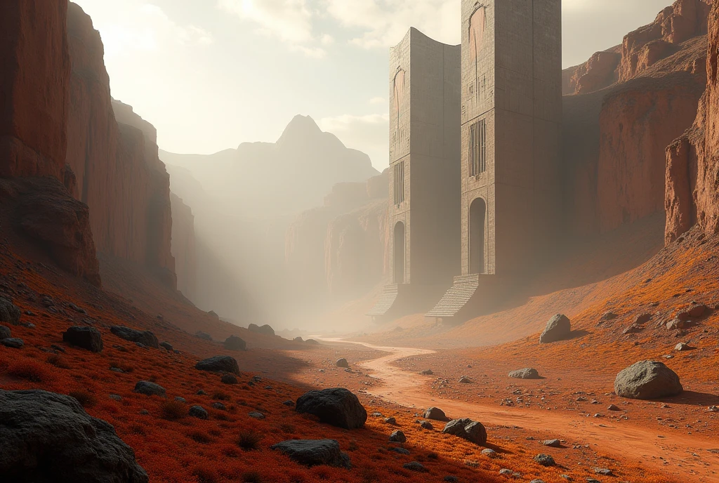 Forest landscape in autumn a gorge with fog , huge brutalist megalithic ...