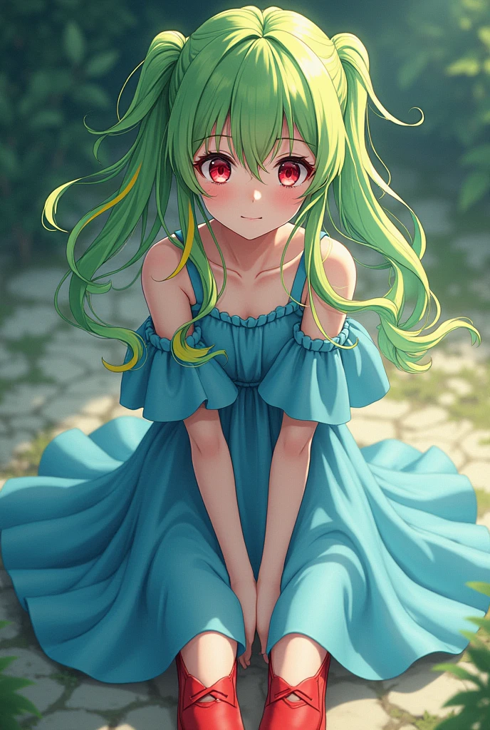 Anime teen girl with red eyes green hair with yellow and green locks ...
