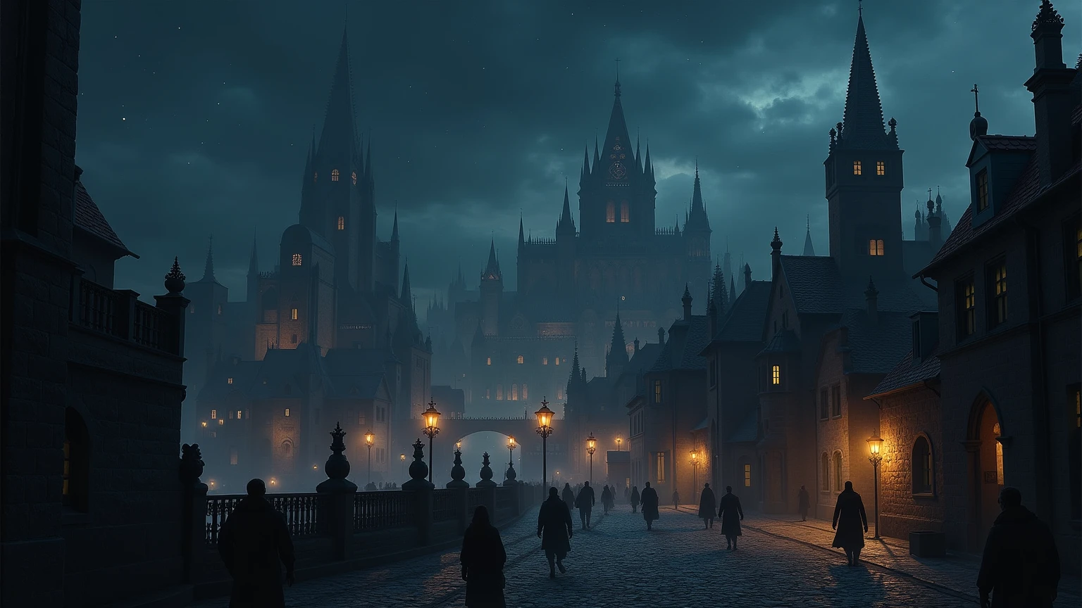 Overview of a large medieval Gothic city, At night . - SeaArt AI