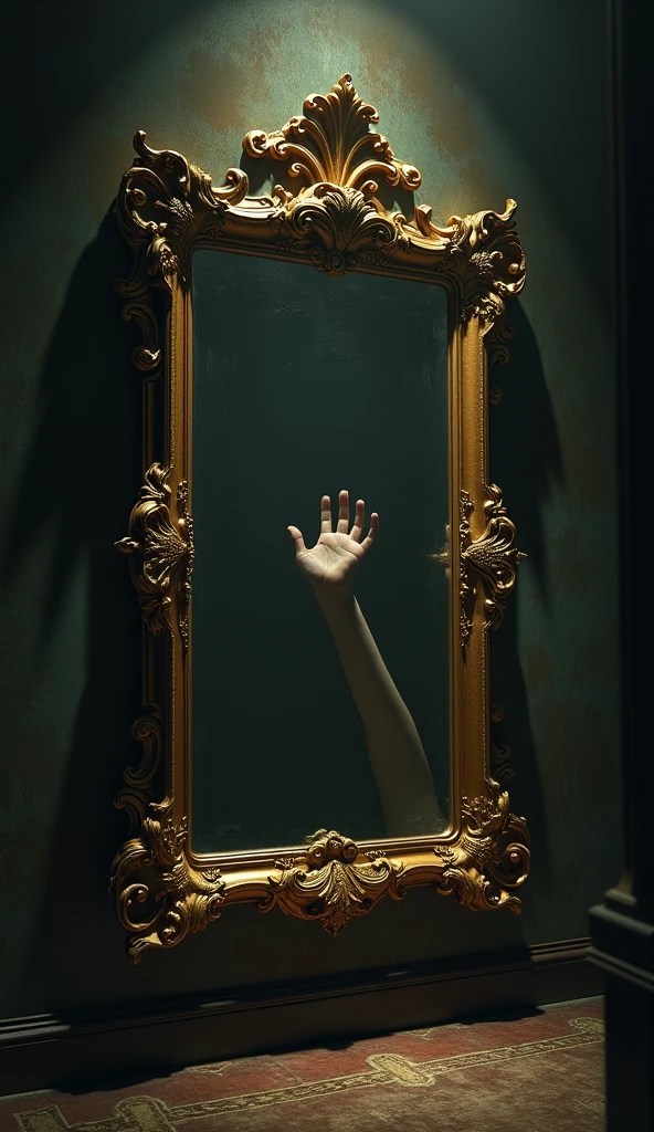 An ornate golden mirror in a dark room, with one hand coming out of the ...