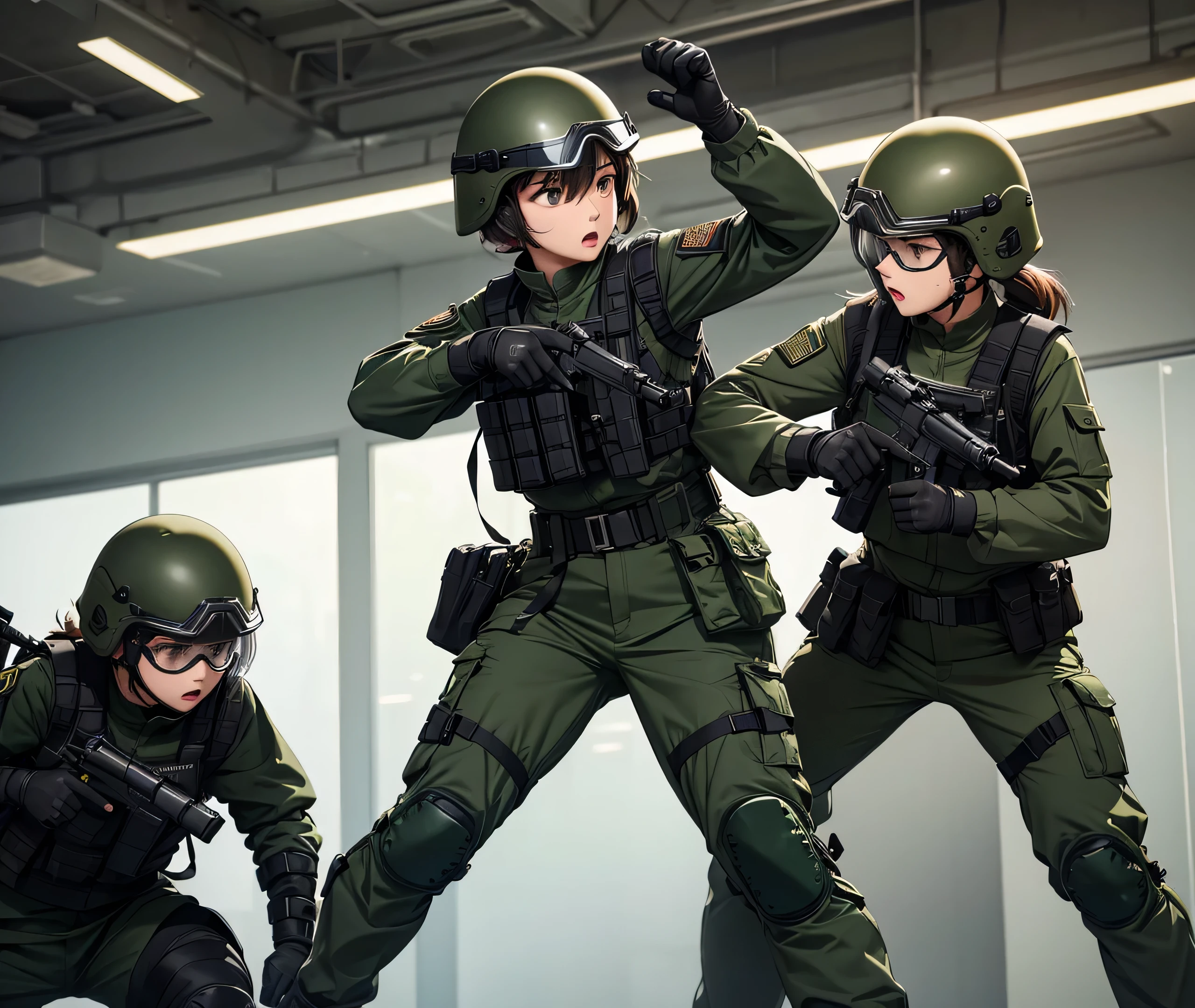 Three people in military uniforms are posing for a picture - SeaArt AI