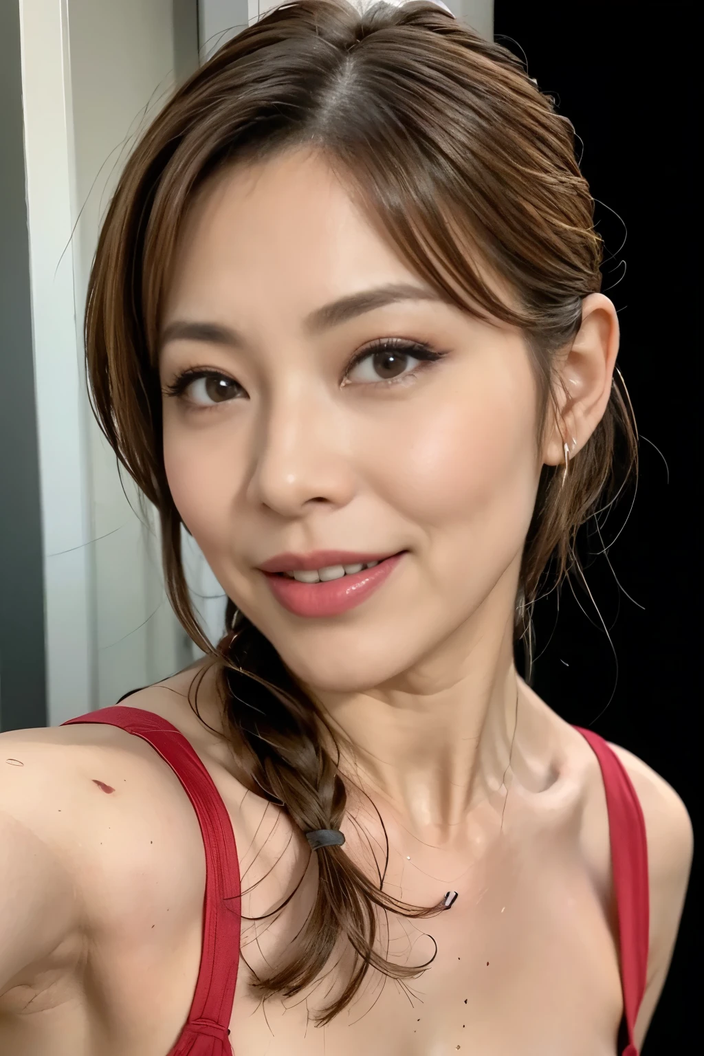 A close up of a woman in a red top posing for a picture - SeaArt AI
