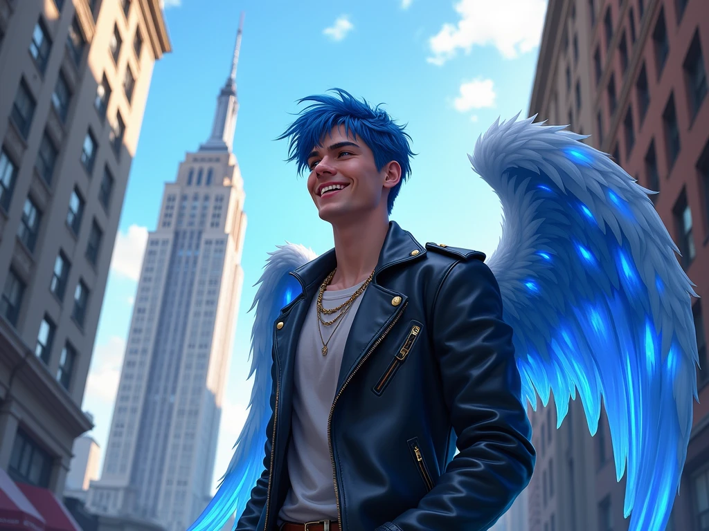 Cheerful 29-year-old American man, indigo eyes , with short blue hair ...