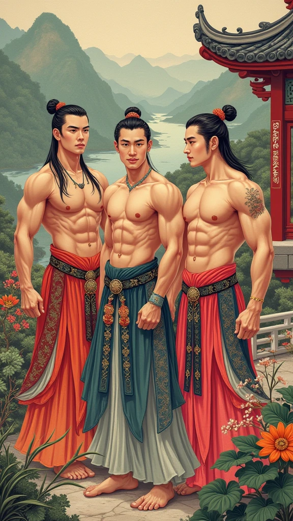Chinese Manushan Painting Men Wearing Chinese Native Costumes - SeaArt AI