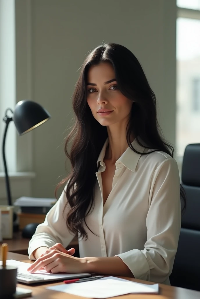 Slim european woman 30 yo sitting at the office desk. casually dressed ...