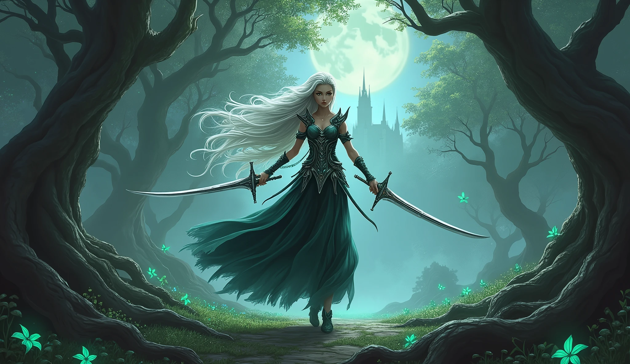 Arafed woman in a green dress holding two swords in a forest - SeaArt AI