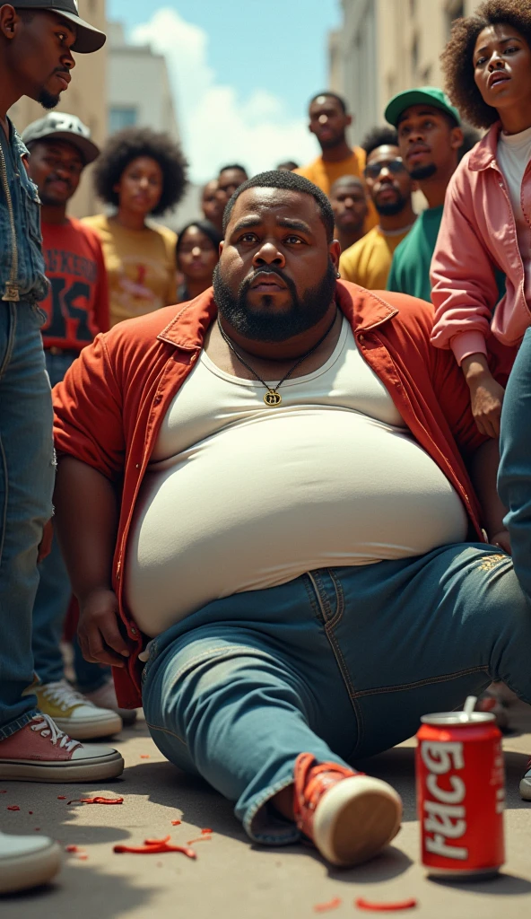Notorius Big American rapper black and chubby stumbles upon a soda can ...