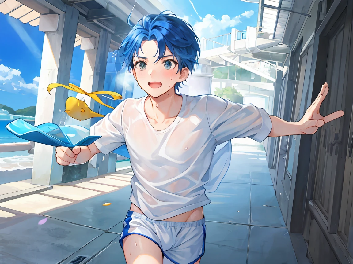 The blue-haired, short-haired wizard man is sweaty, , and running in ...