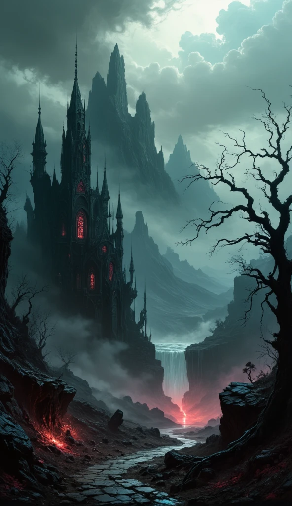 A dark fantasy vista shrouded in thick, swirling mist, with jagged ...