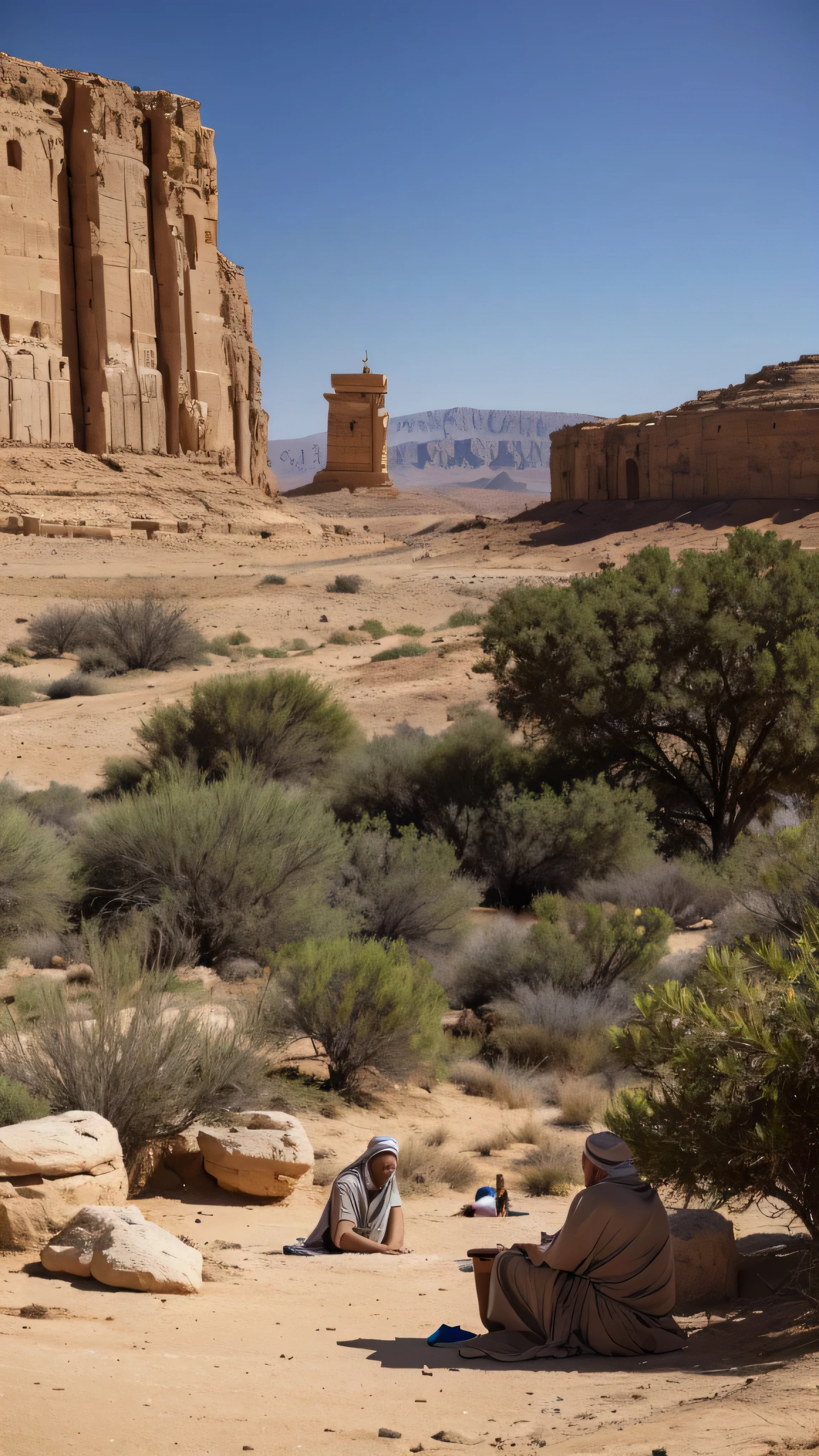 There are two people sitting on the ground in the desert - SeaArt AI