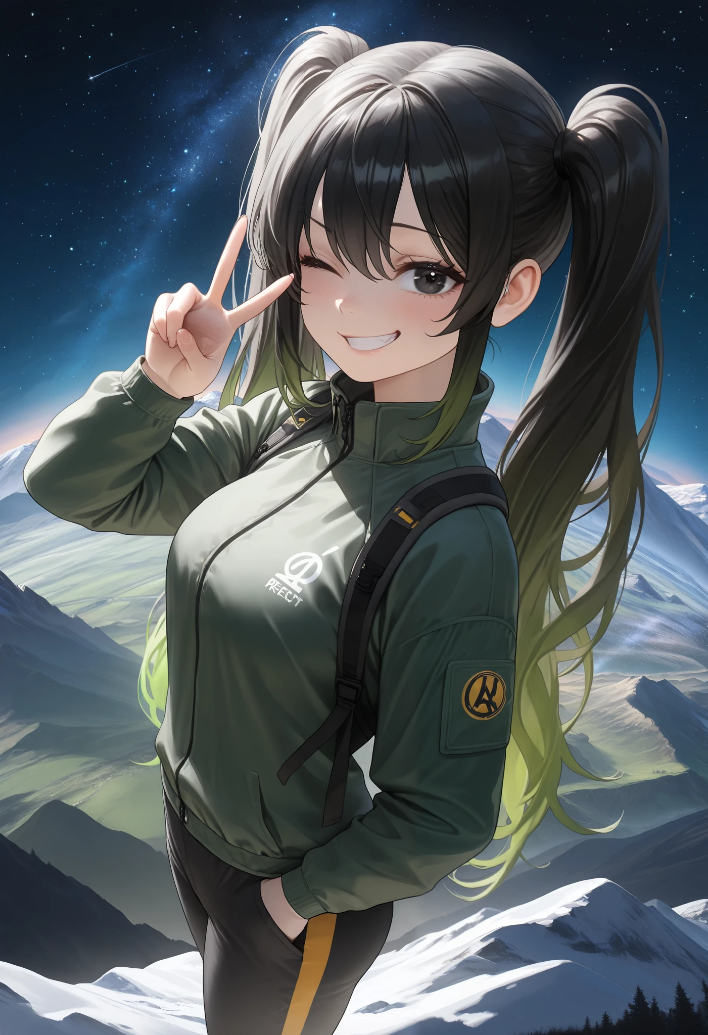 Anime girl with ponytails and a backpack standing on a mountain - SeaArt AI