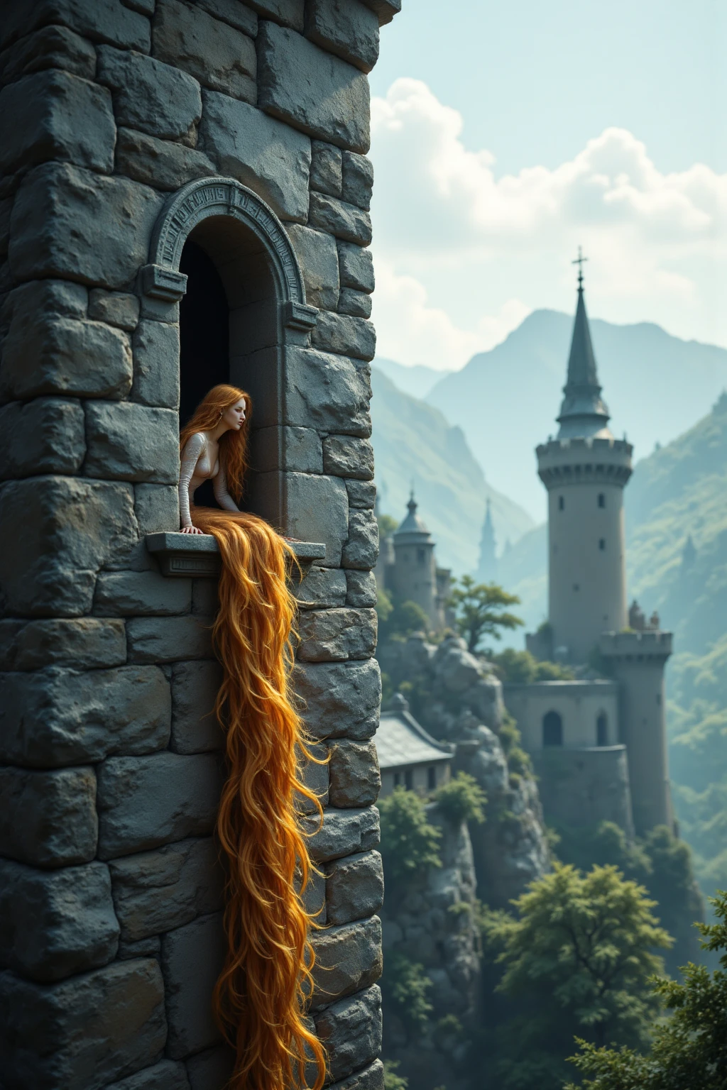 A cinematic, realistic image of Rapunzel sitting on her tower window ...