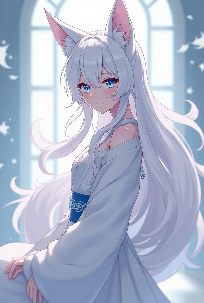 Anime woman with long white hair with blue eyes in a white comino with ...