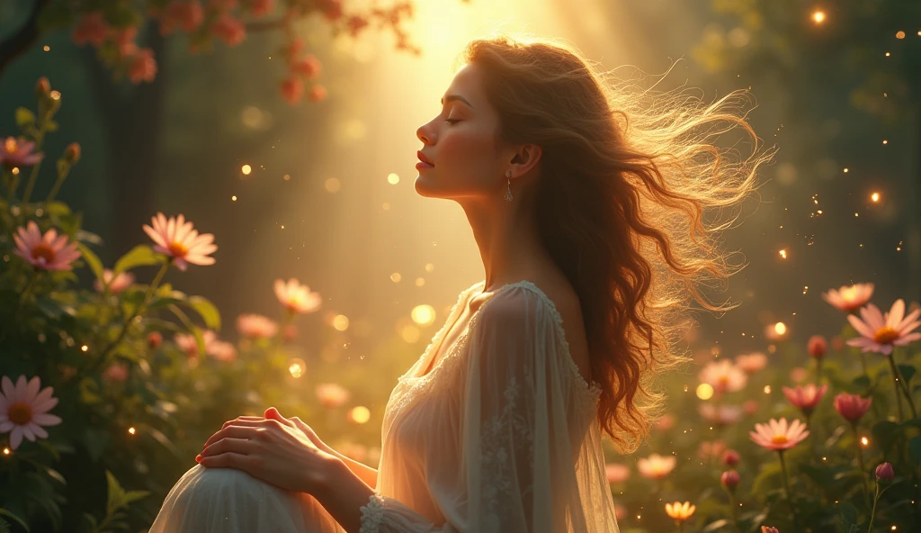 "Create an ultra-realistic, ethereal and romantic image of a person ...