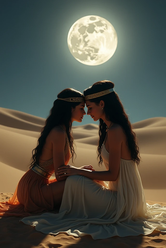 Cleopatra and the Handmaiden、Sand Dunes、 moonlight、implied yuri - SeaArt AI