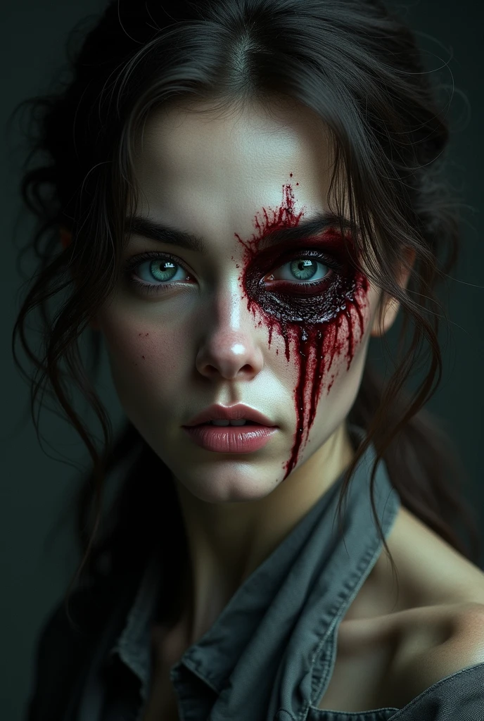 A woman with a huge, bleeding scar across her face on the right side - SeaArt AI