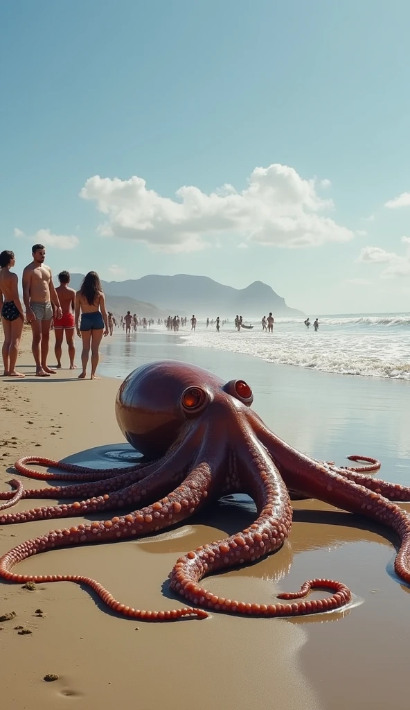 A hyper-realistic photograph on a bustling beach where a giant squid is ...