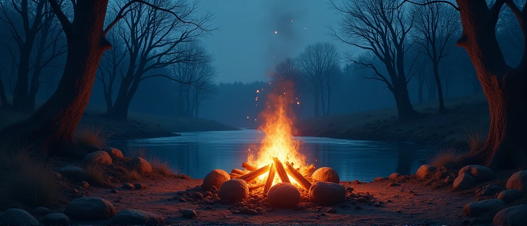 Campfire, near a body of water, like a lake or a waterfall. No greenary ...