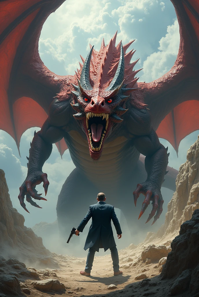 A menacing dragon fighting a suited man weilding a revolver - SeaArt AI