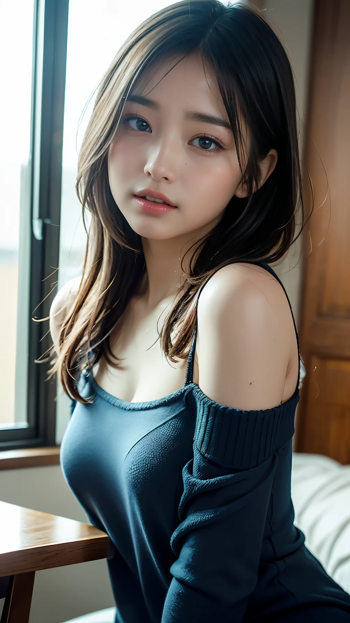 Araffe asian woman sitting on a bed in a blue dress - SeaArt AI