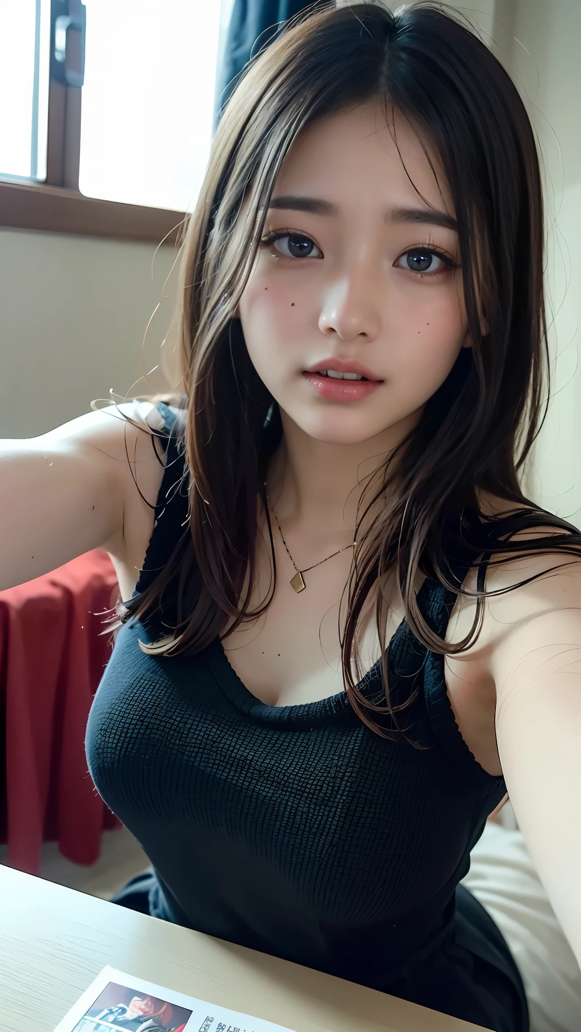 Araffe asian woman sitting at a table with a magazine in front of her ...