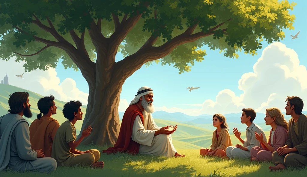 An illustration of Prophet Yunus sitting under a tree with ren gathered ...