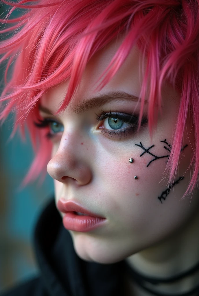 A close up of a person with pink/red hair and piercings, detailed punk ...