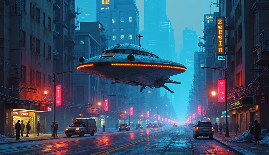 Street Mural of spaceship on a gigantic building made by neon - SeaArt AI