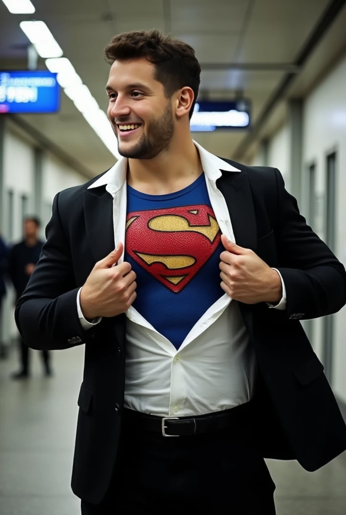 Hand reveals a blue Superman outfit underneath {x} a student named ...